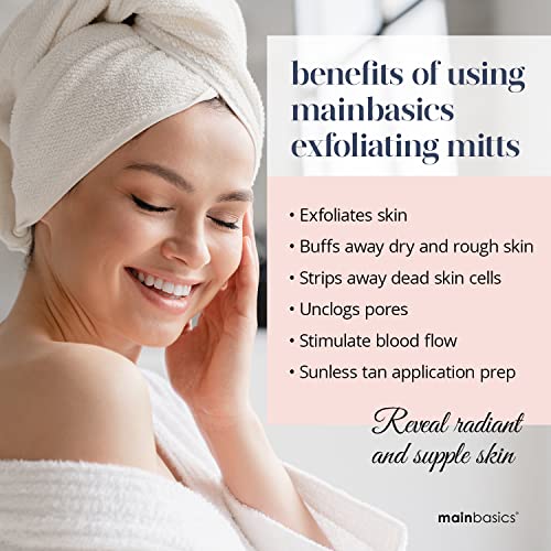 MainBasics Korean Exfoliating Mitts - Dead Skin Remover - Body Exfoliator Scrubber - Deep Exfoliating Gloves for Soft Skin - 100% Viscose Fiber (1 Pair, Black)