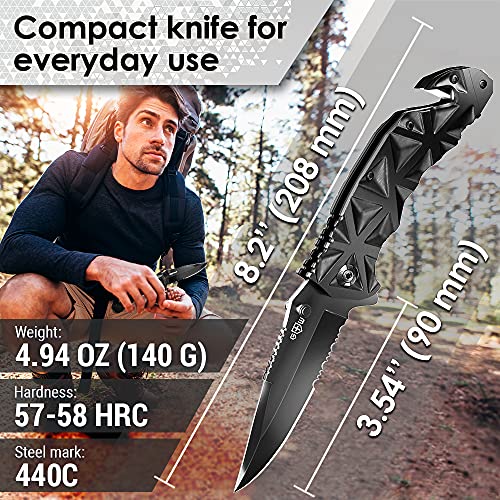 Bundle of 2 Items- Black Pocket Knife - Serrated Sharp 3,5" Blade Folding Knives -Best EDC Survival Hiking Hunting Camping Knife - Knife with Firestarter and Whistle Grand Way
