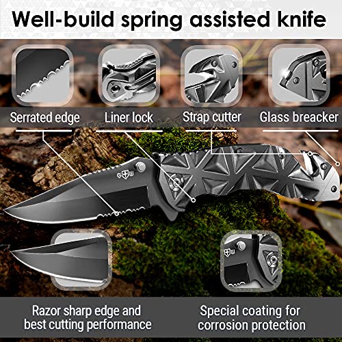 Bundle of 2 Items- Black Pocket Knife - Serrated Sharp 3,5" Blade Folding Knives -Best EDC Survival Hiking Hunting Camping Knife - Knife with Firestarter and Whistle Grand Way
