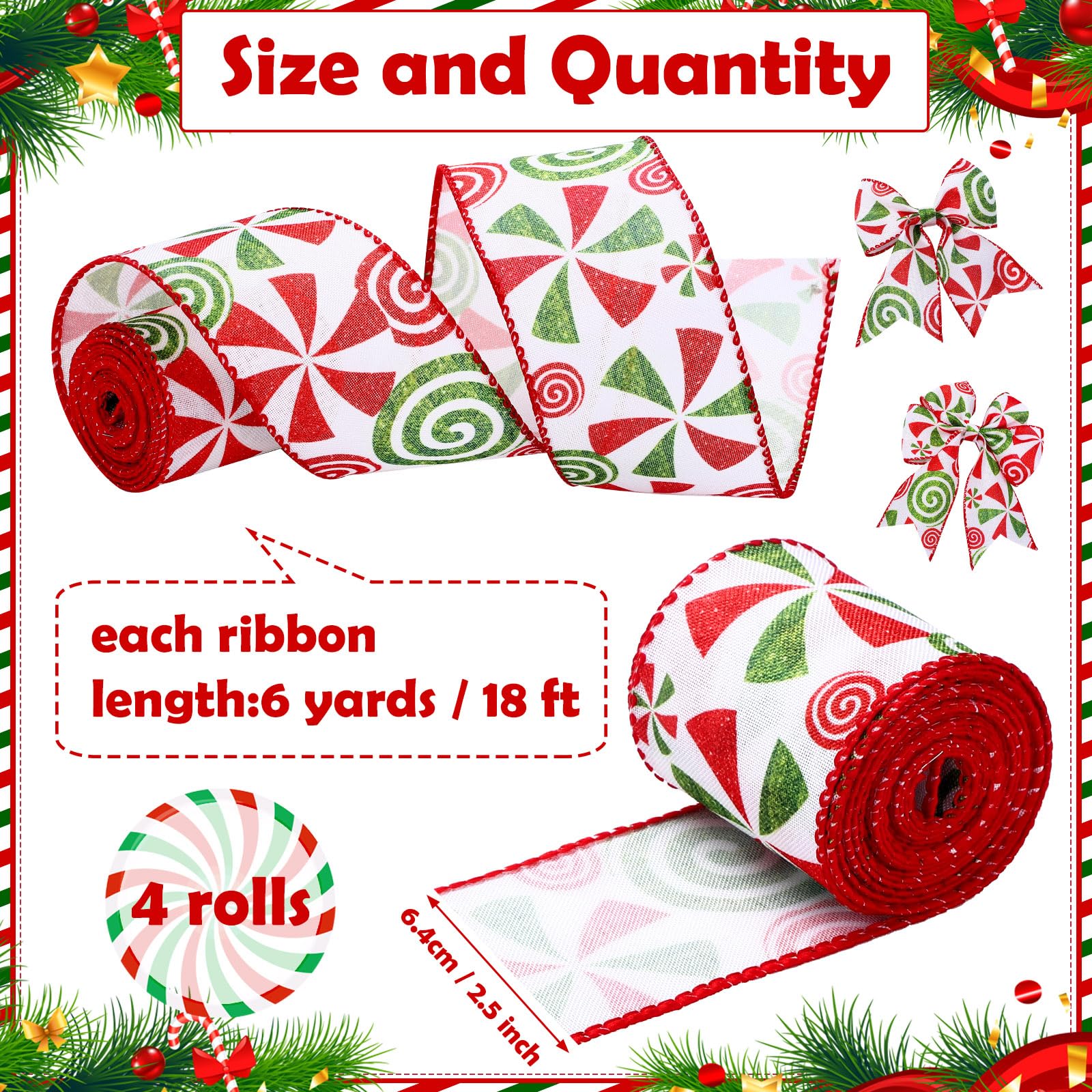 Christmas Candy Peppermint Wired Edge Ribbon 2.5 Inch Wide Christmas Candy Ribbon Burlap Ribbon for DIY Craft Wreath Christmas Tree Decoration Gift Wrapping Party (Candy Pattern,24 Yard)