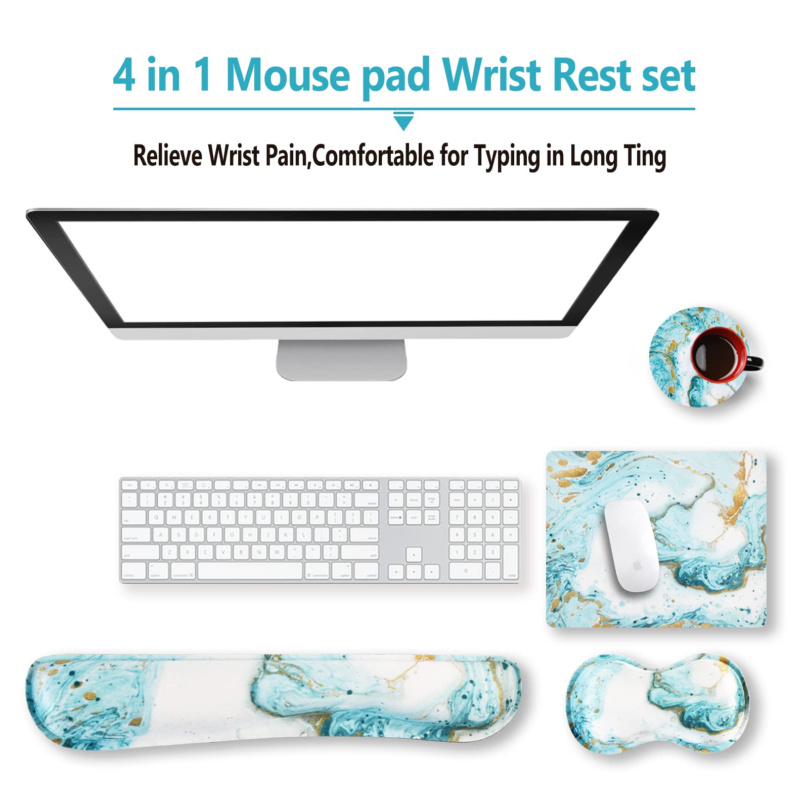 ArtSo Keyboard Wrist Rest and Mouse Pad with Wrist Support Set Ergonomic Coaster, Memory Foam Mousepad Non-Slip Rubber Base Durable Comfortable for Easy Typing Pain Relief, Teal Turqoise Marble