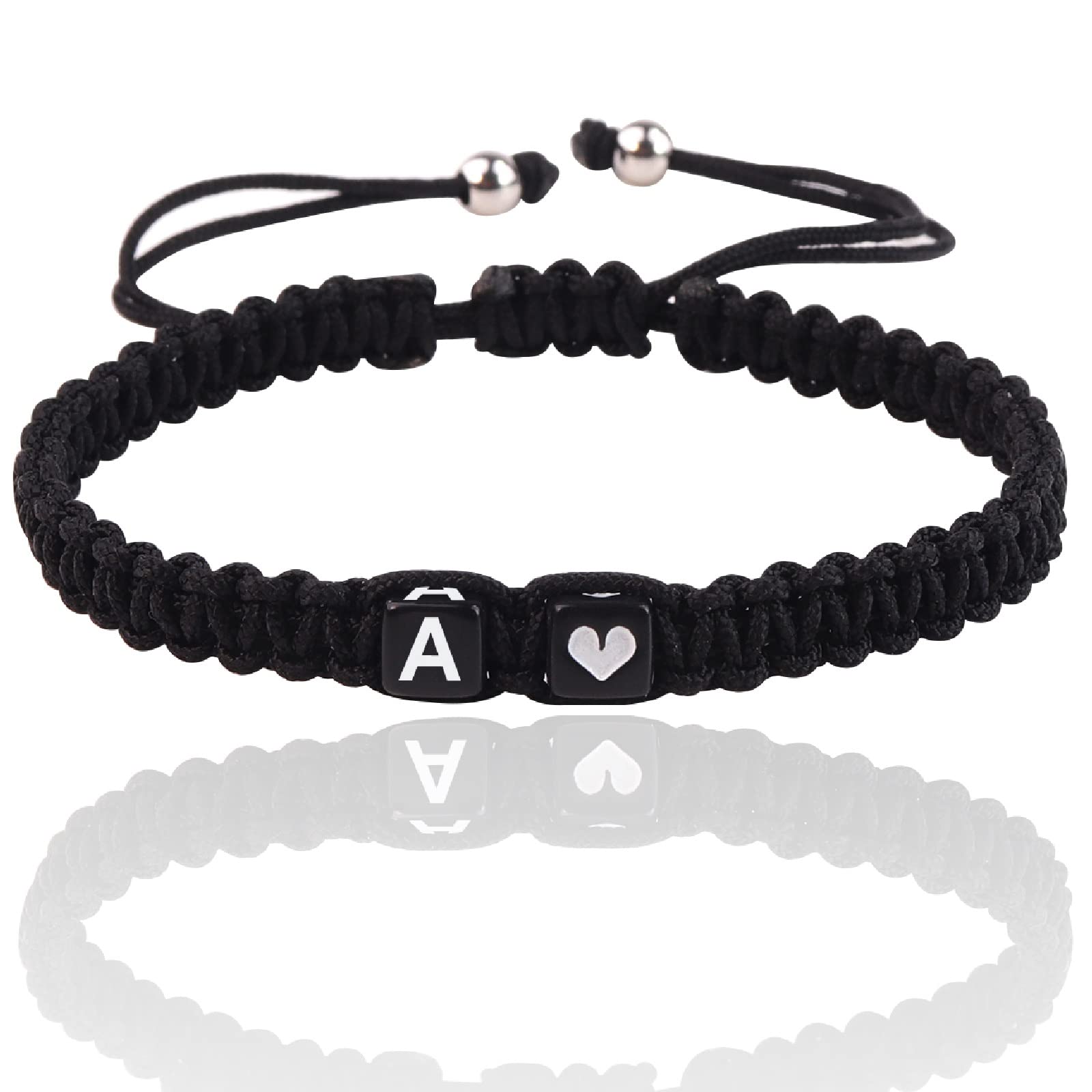 Initial Bracelets for Women Teen Girls, Initial A-Z Heart Letter Charm Bracelets Handmade Adjustable Rope Bracelets for Mother's Day Graduation Gifts Personalized Birthday Gifts (Black, A)