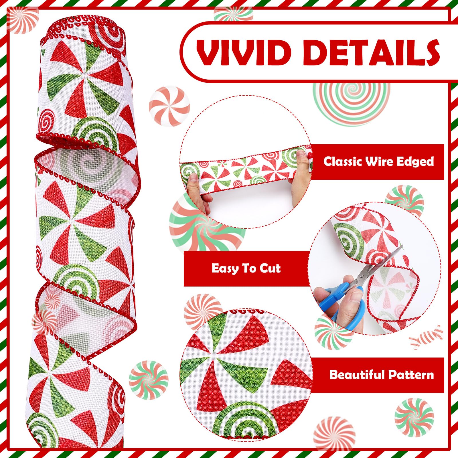 Christmas Candy Peppermint Wired Edge Ribbon 2.5 Inch Wide Christmas Candy Ribbon Burlap Ribbon for DIY Craft Wreath Christmas Tree Decoration Gift Wrapping Party (Candy Pattern,24 Yard)