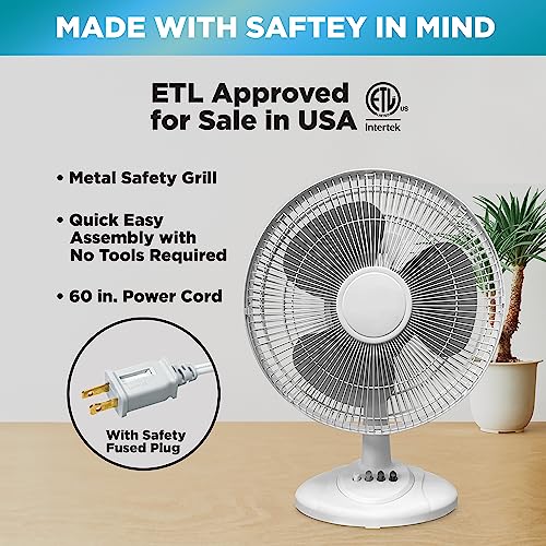 EZ-CHILL 12” 3-Speed Oscillating Table Fan with Adjustable Tilt, Convenient Push Button Controls, Quiet Operation, White, SB-MTSH05