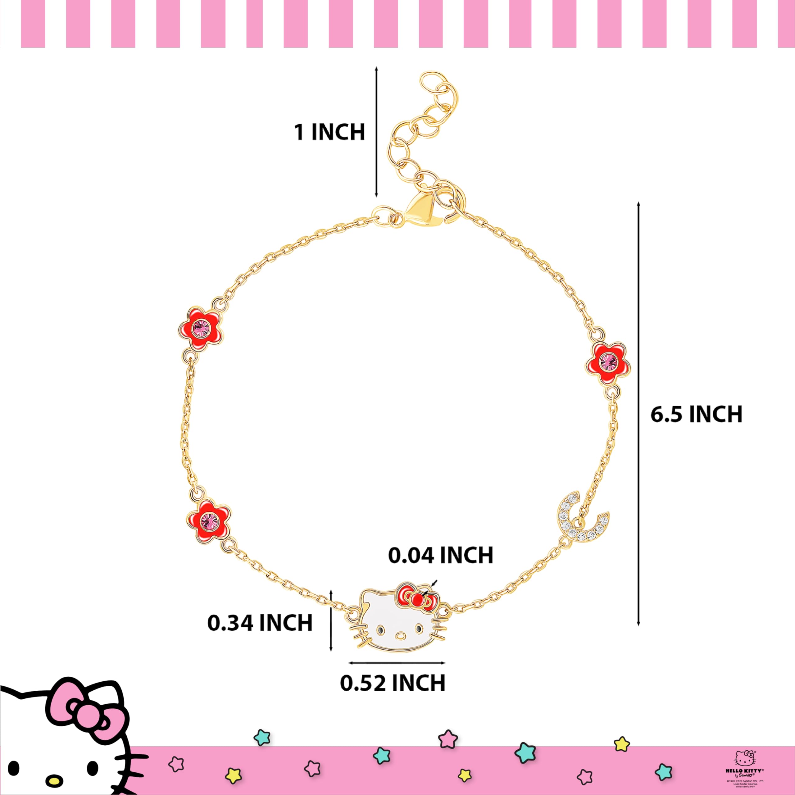 Hello Kitty Sanrio Womens Initial Bracelet 6.5" + 1"- Official License 18k Flash Plated Cubic Zirconia Letter C Bracelet