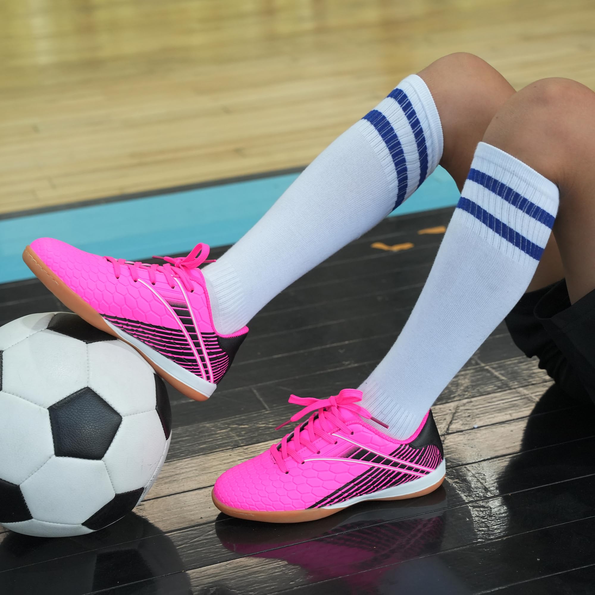 Hawkwell Kids Athletic Indoor Comfortable Soccer Shoes(Toddler/Little Kid/Big Kid), Pink PU, 3 M US