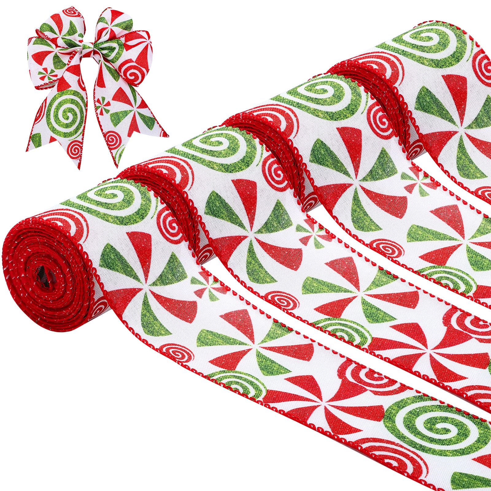 Christmas Candy Peppermint Wired Edge Ribbon 2.5 Inch Wide Christmas Candy Ribbon Burlap Ribbon for DIY Craft Wreath Christmas Tree Decoration Gift Wrapping Party (Candy Pattern,24 Yard)