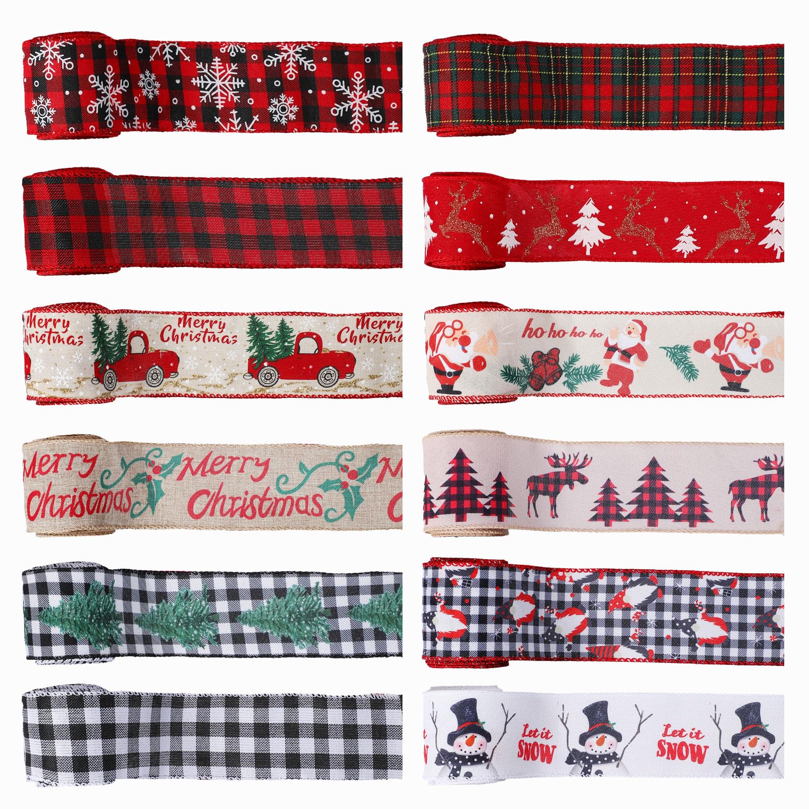 Lyrow 12 Rolls Christmas Ribbon Wired 2.5 Inch 72 Yards Santa Snowman Snowflake Christmas Buffalo Plaid Ribbon for Wreaths Bows Decor DIY Crafts Gift Wrapping