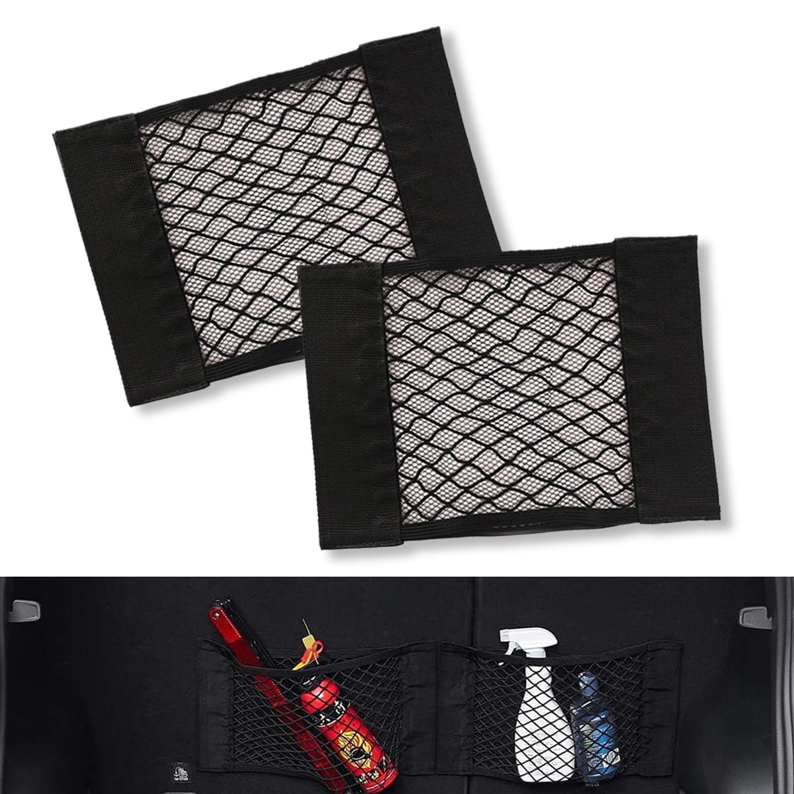 GKmow 2 PCS Car Elastic Storage Mesh Bag, 9.84" x 11.81" Velcro Seat Back Double-layer Mesh Garbage Bag, Multi-functional Compact Hemming Accessory, Universal Suits for Most Models (Black)