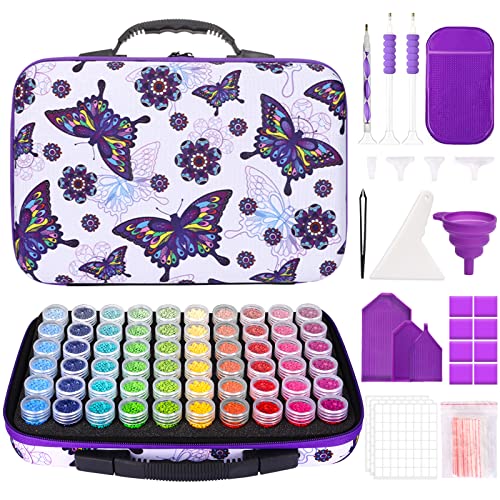 Quefe 60 Slots Diamond Painting Storage Containers, Diamond Art Accessories and Tools Kit Box with Shockproof Jars for DIY Diamond Art Craft Jewelry Bead Rhinestones Organizer