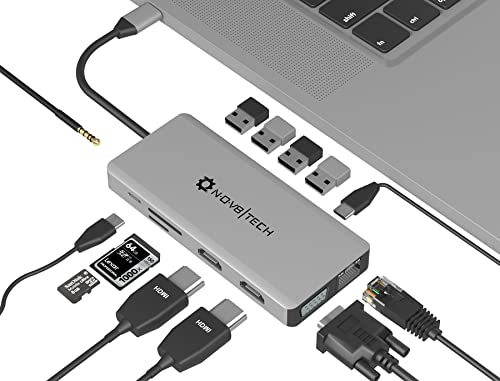 Nov8tech 13in1 USB C Docking Station Dual Monitor, USB C Hub with Dual HDMI, VGA, Ethernet, 5 Ports USB 3.0/2.0/C, 100W PD, TF/SD Card Reader, Audio, Compatible with MacBook, Laptops & Type C Devices