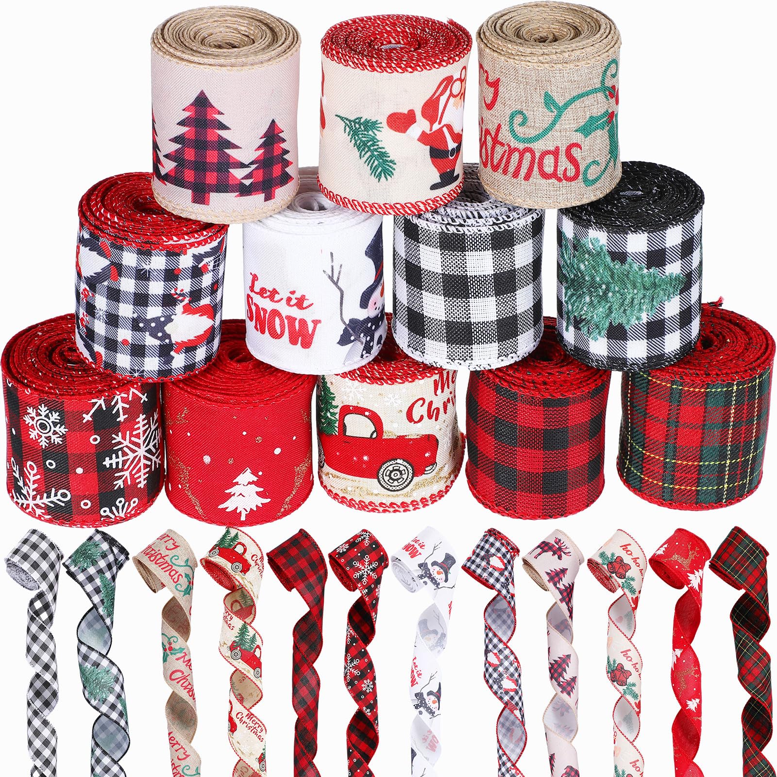 Lyrow 12 Rolls Christmas Ribbon Wired 2.5 Inch 72 Yards Santa Snowman Snowflake Christmas Buffalo Plaid Ribbon for Wreaths Bows Decor DIY Crafts Gift Wrapping