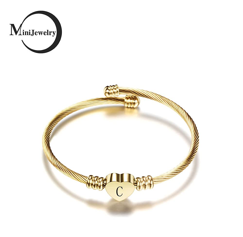 MiniJewelry Initial C Gold Heart Bangle Cuff Bracelet for Women Alphabet Letter Name Stainless Steel
