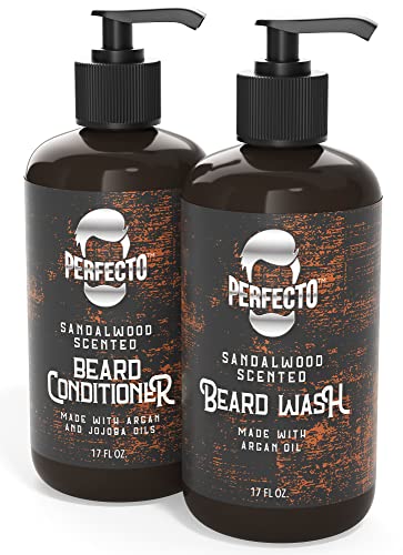 Beard Wash and Conditioner for Men - Beard Conditioner for Men and Anti Beard Dandruff Beard Moisturizer to Soothe Irritated Skin - Beard Care Softener for Growth - Strengthening Beard Wash for Men (Sandalwood Combo 17 Oz)
