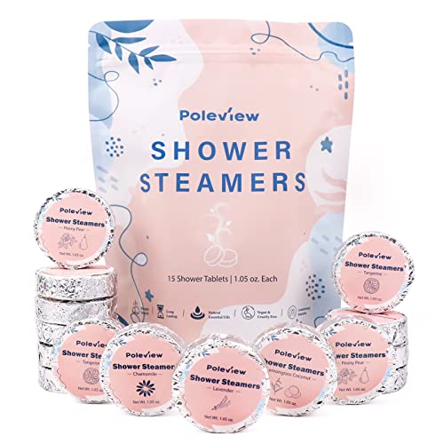 Poleview Shower Steamers Aromatherapy, Variety Pack of 15 Shower Bombs with Essential Oil for Home SPA, Relaxation, Meditation and Calming - Stress Relief and Self Care Gifts Set for Women and Men