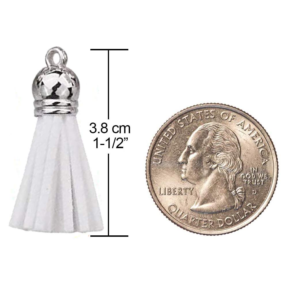 Keychain Tassels Leather Tassel Pendants with Silver White Caps,Tassel Charm for Jewelry Making Keychain Bracelets Ring Crafts -30pcs(1-1/2 inch,Blue) (White)