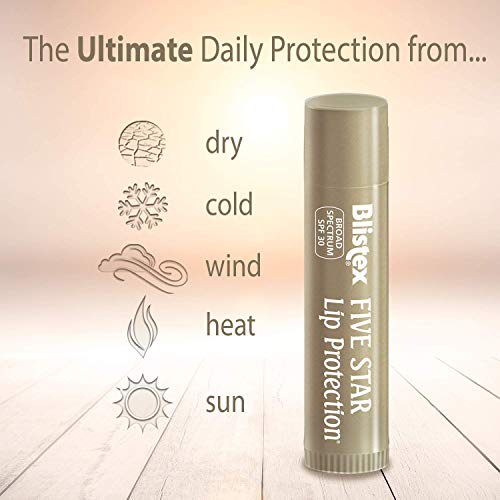 Blistex Five Star Lip Protection Lip Balm, 0.15 Ounce β Wind & Water-Resistant Lip Care, Broad Spectrum SPF 30 Sun Protection, Soothes Cold Chapped Lips, Hydrating Lip Treatment, Holds in Moisture