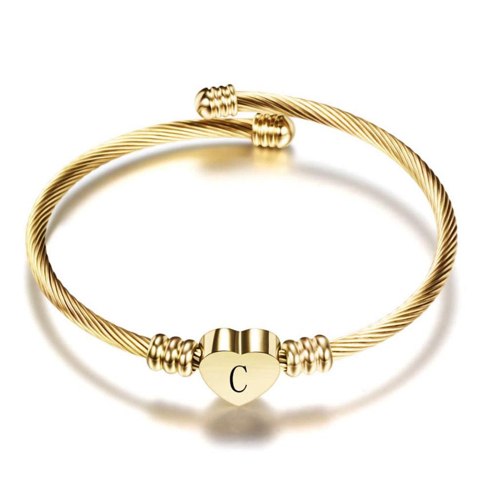 MiniJewelry Initial C Gold Heart Bangle Cuff Bracelet for Women Alphabet Letter Name Stainless Steel