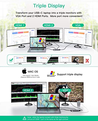 Nov8tech 13in1 USB C Docking Station Dual Monitor, USB C Hub with Dual HDMI, VGA, Ethernet, 5 Ports USB 3.0/2.0/C, 100W PD, TF/SD Card Reader, Audio, Compatible with MacBook, Laptops & Type C Devices