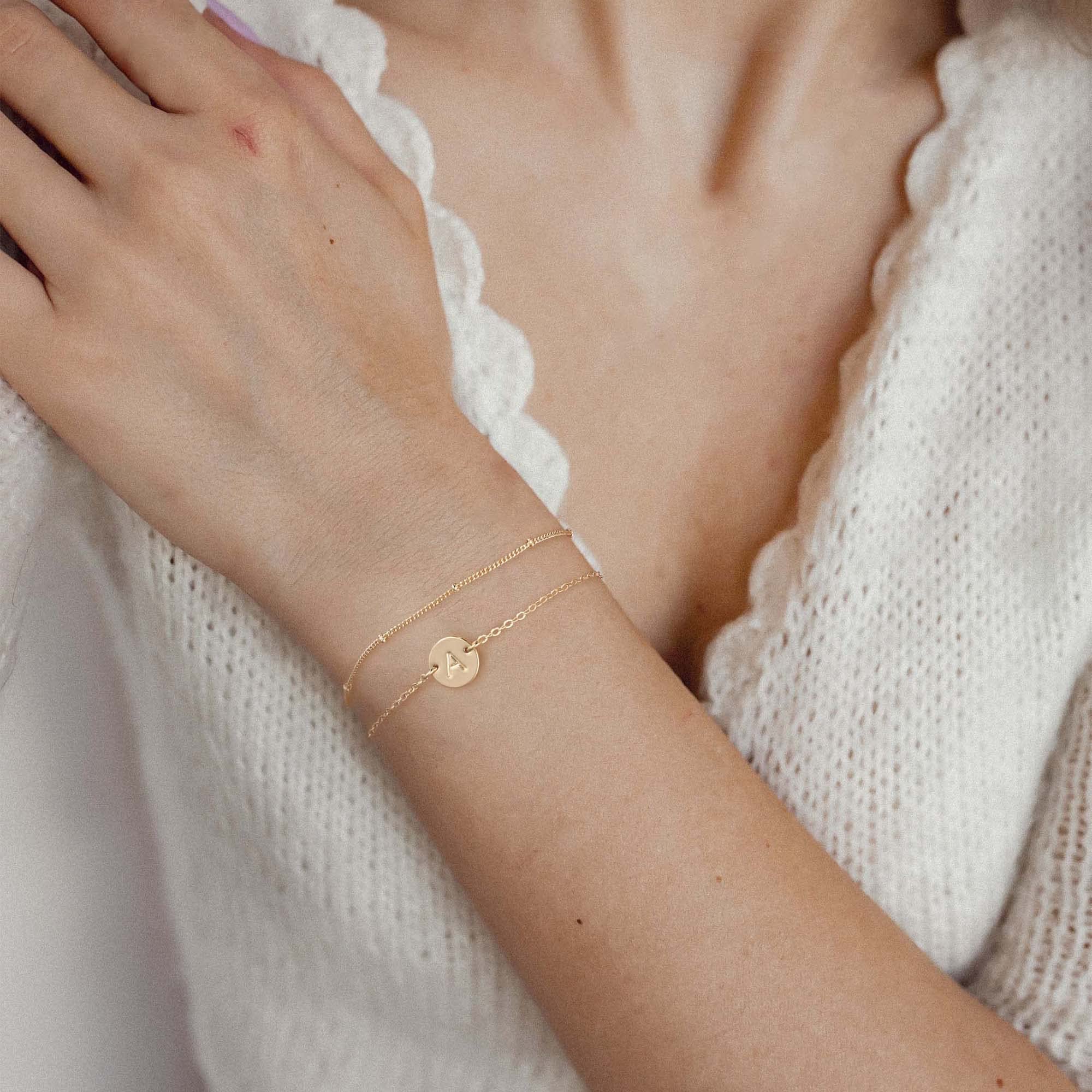 MONOZO Gold Initial Bracelets for Women, Dainty 14K Gold Filled Layered Beaded T Letter Initial Bracelet Personalized Alphabet Disc Monogram Charm Bracelet Jewelry Gifts for Her
