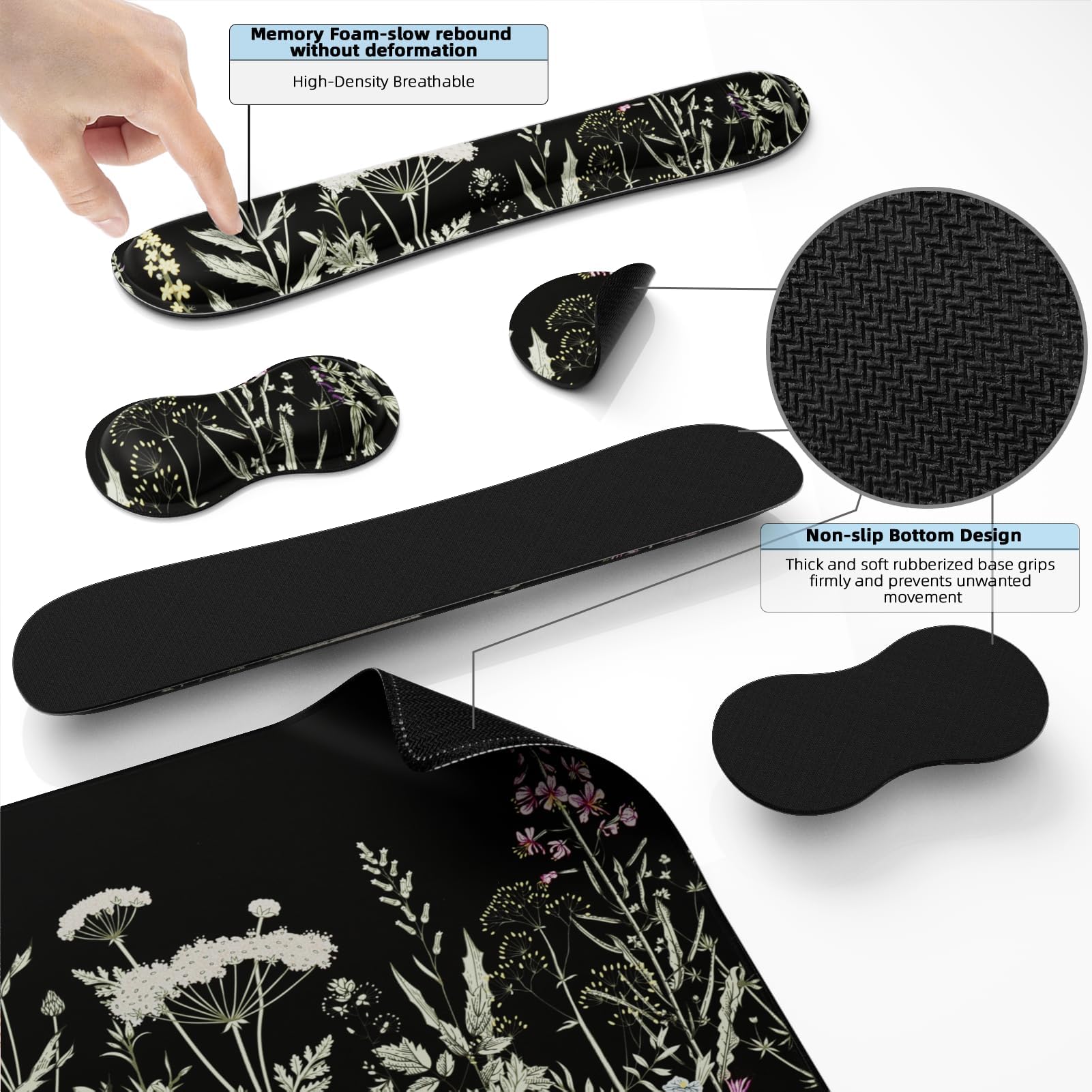 PULAIXIN 4 in 1 Desk Mat, Large Mouse Pad Wrist Support Set, Keyboard Wrist Rest with Non-Slip Rubber Base, Ergonomic Design for Office Gaming Desk Accessories-Night Garden-L8
