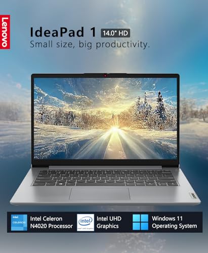 Lenovo - Ideapad 1 14.0" HD Laptop, Intel Celeron N4020 Processor, 4 GB RAM, 128GB Storage(64GB eMMC+64GB Card), Intel UHD Graphics, Bluetooth, Wi-Fi 6, Webcam, Windows 11, Cloud Grey, W/GaLiMu