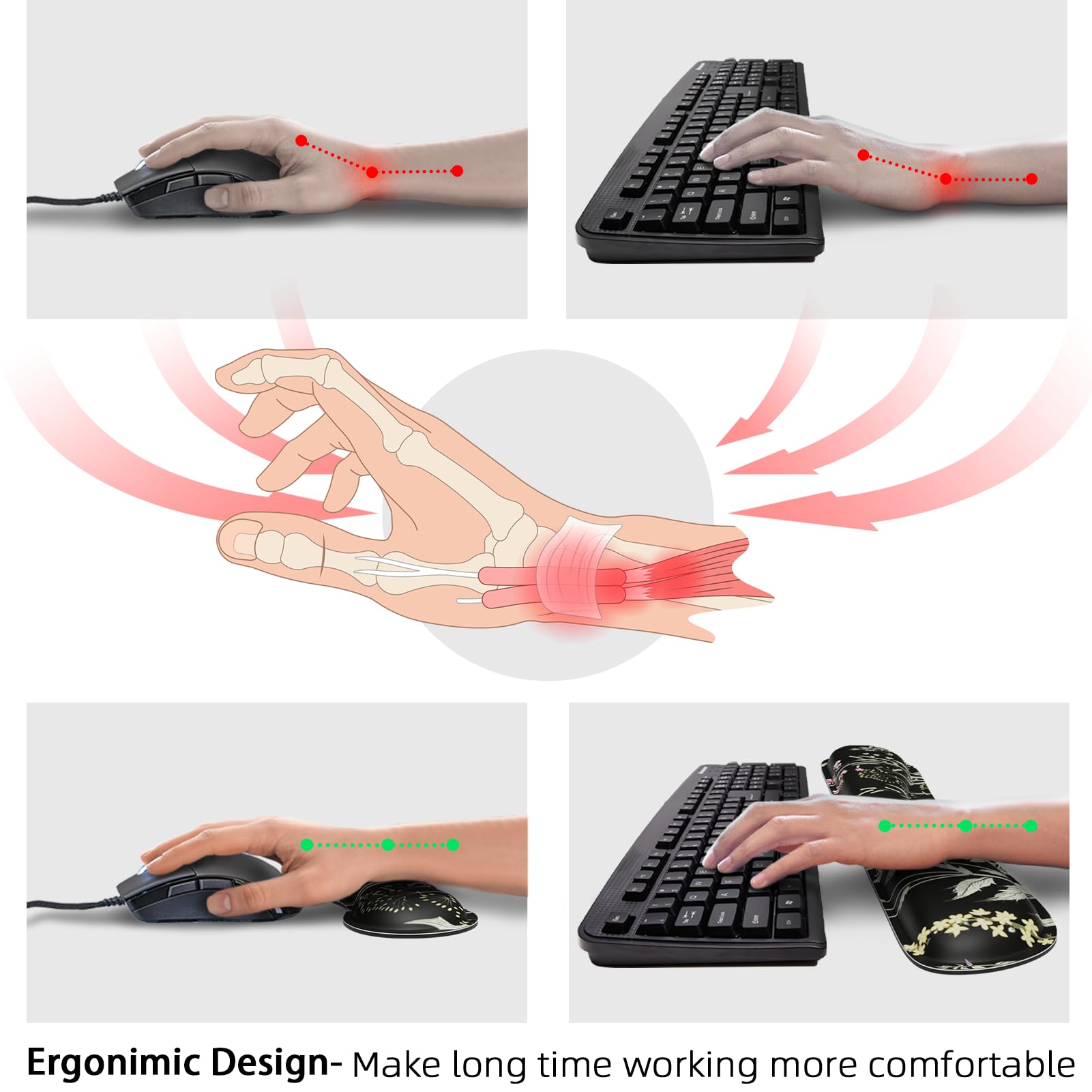 PULAIXIN 4 in 1 Desk Mat, Large Mouse Pad Wrist Support Set, Keyboard Wrist Rest with Non-Slip Rubber Base, Ergonomic Design for Office Gaming Desk Accessories-Night Garden-L8