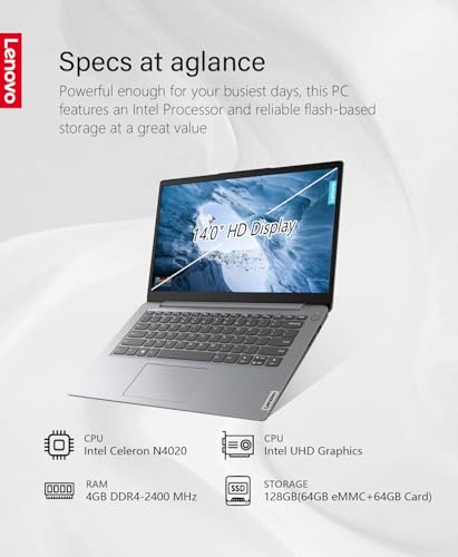 Lenovo - Ideapad 1 14.0" HD Laptop, Intel Celeron N4020 Processor, 4 GB RAM, 128GB Storage(64GB eMMC+64GB Card), Intel UHD Graphics, Bluetooth, Wi-Fi 6, Webcam, Windows 11, Cloud Grey, W/GaLiMu