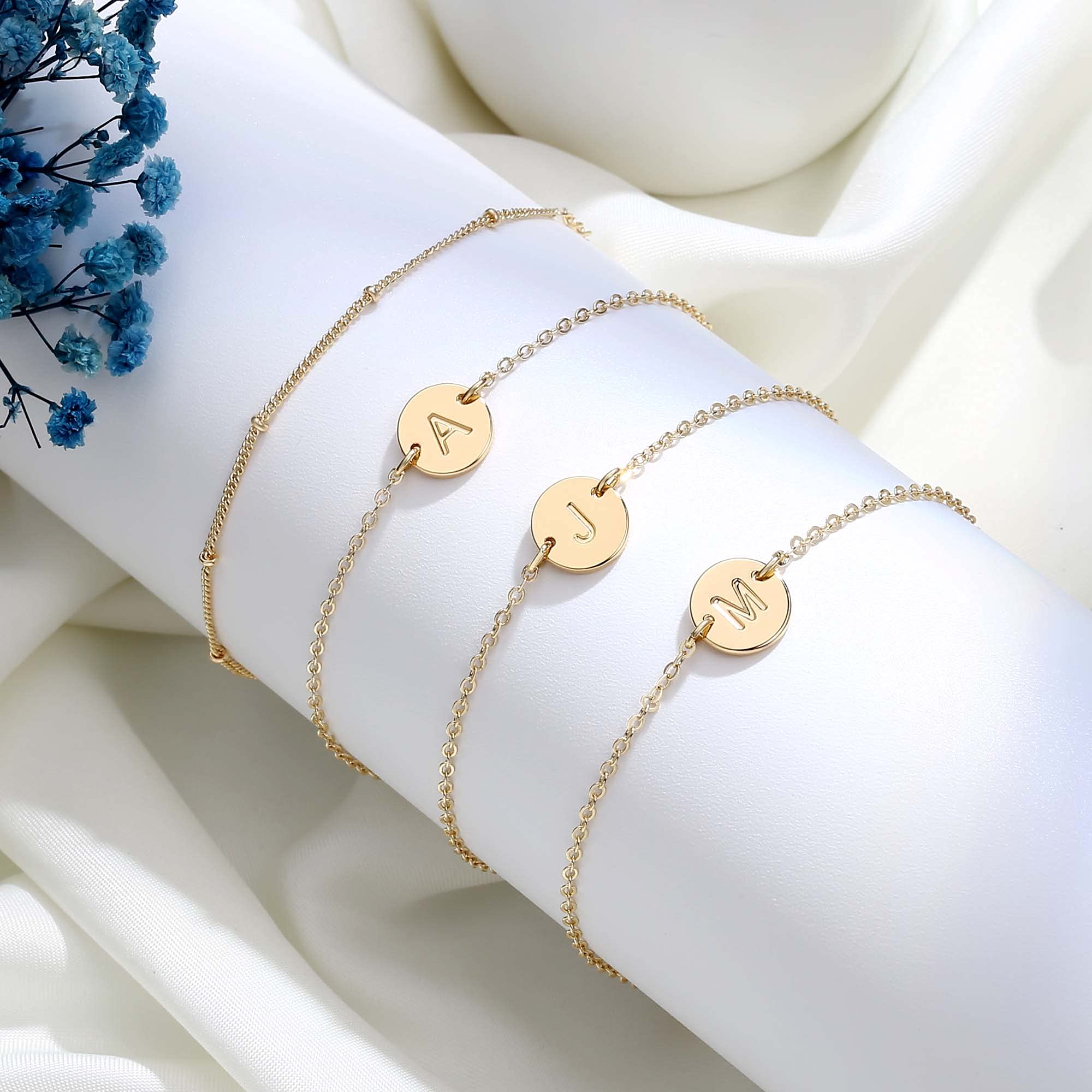 MONOZO Gold Initial Bracelets for Women, Dainty 14K Gold Filled Layered Beaded T Letter Initial Bracelet Personalized Alphabet Disc Monogram Charm Bracelet Jewelry Gifts for Her