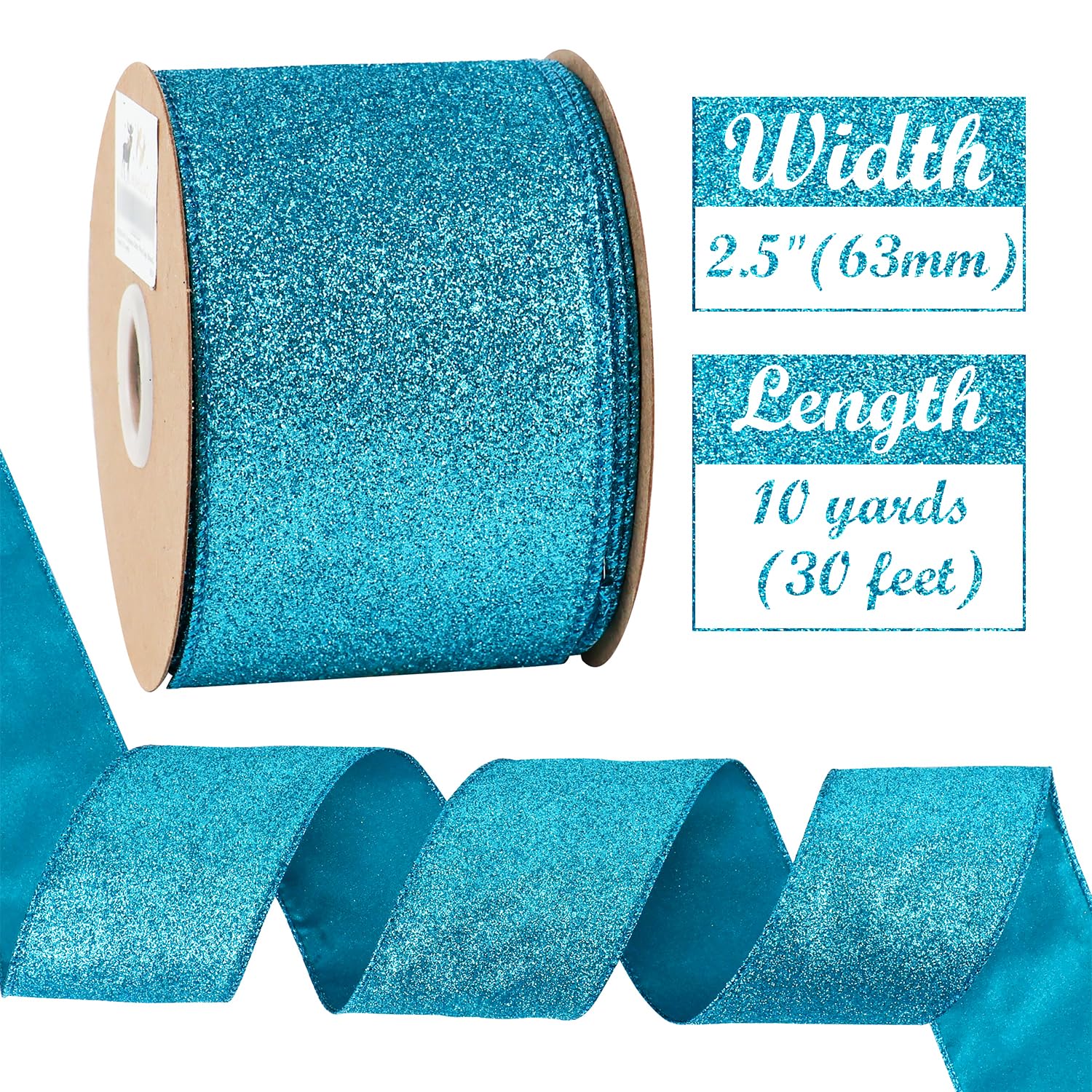 HUIHUANG Turquoise Christmas Ribbon 2-1/2" Sparkle Metallic Glitter Wired Ribbon for Tree, Bows Making, Wreath Supplies, Gift Wrapping, Garland, Home Decor, Crafts -10 Yards