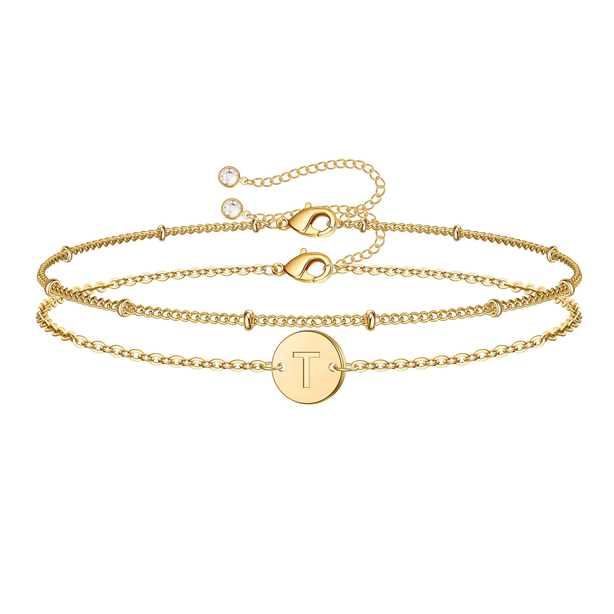 MONOZO Gold Initial Bracelets for Women, Dainty 14K Gold Filled Layered Beaded T Letter Initial Bracelet Personalized Alphabet Disc Monogram Charm Bracelet Jewelry Gifts for Her