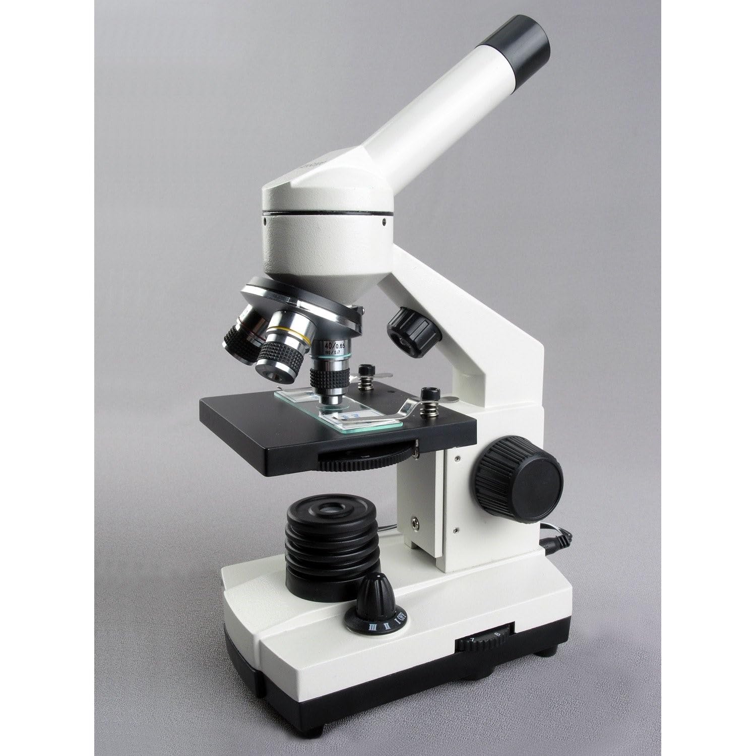 AmScope M110 Series Cordless LED Metal Frame Compound Microscope - 40X-1000X Magnification - Features Coarse Focusing Knobs - Includes 10-Piece Prepared and Blank Glass Microscope Slides