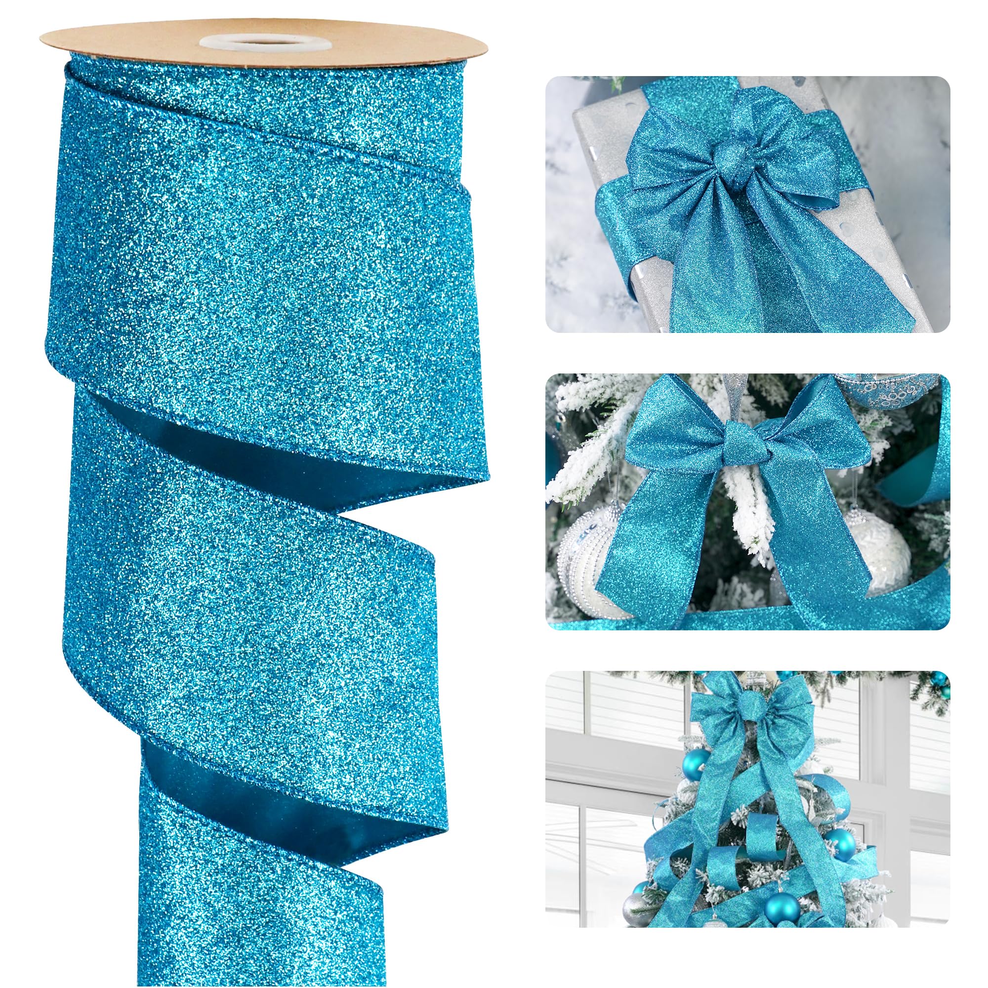 HUIHUANG Turquoise Christmas Ribbon 2-1/2" Sparkle Metallic Glitter Wired Ribbon for Tree, Bows Making, Wreath Supplies, Gift Wrapping, Garland, Home Decor, Crafts -10 Yards
