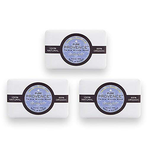 Pure Provence Natural and Organic Triple Milled French Lavender Soap | Organic Shea Butter | Luxury Full-Size Bars | 100% Vegetable Based | Relaxing | 5.3 oz (150g) Soaps (3 Bars)