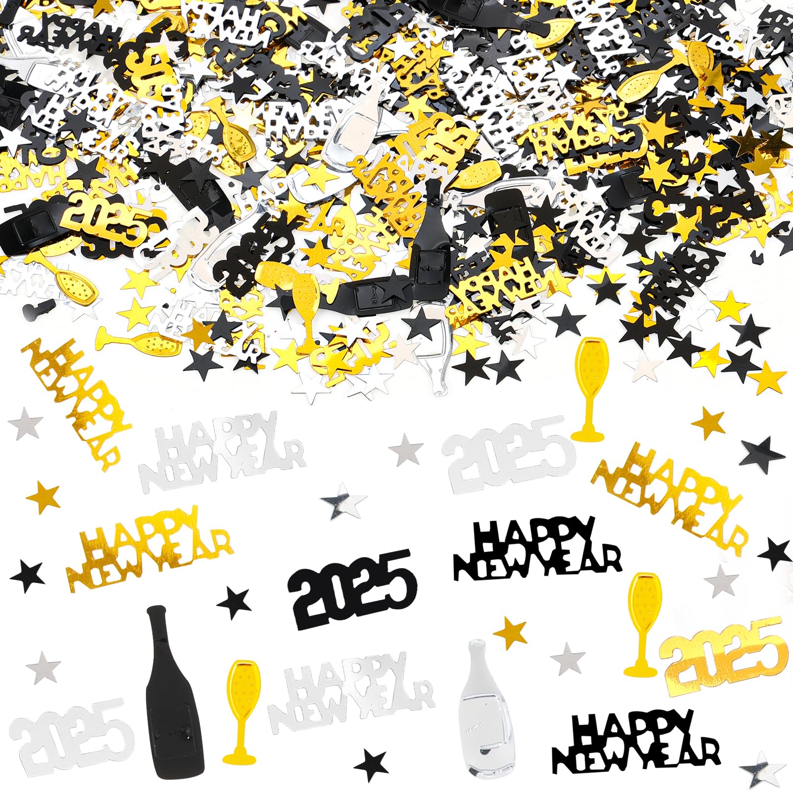 2025 New Year Party Decoration Supplies, New Years Confetti Decoration- Black, Gold, Silver Wine Bottle Glitter Sequins Star Foil Confetti for Happy New Year Eve Decorations Table Scatters