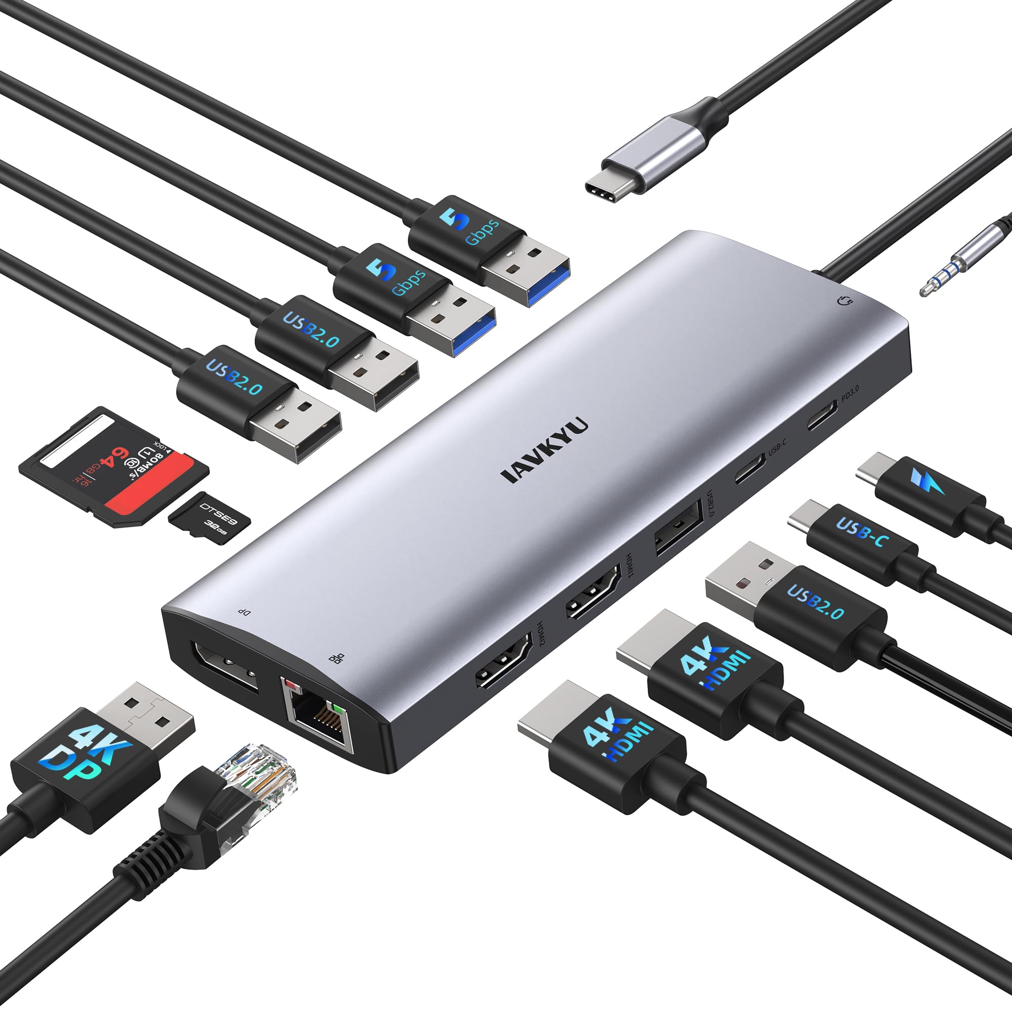 USB C Docking Station 3 Monitors 4K@60Hz, 14-in-1 Laptop Docking Station with 2 HDMI 4K@60Hz, DP 8K@30Hz/ 4K@144Hz, 3 USB 3.0, 2 USB 2.0, RJ45, Audio, PD 100W, USB-C HUB for Windows Laptop Accessories