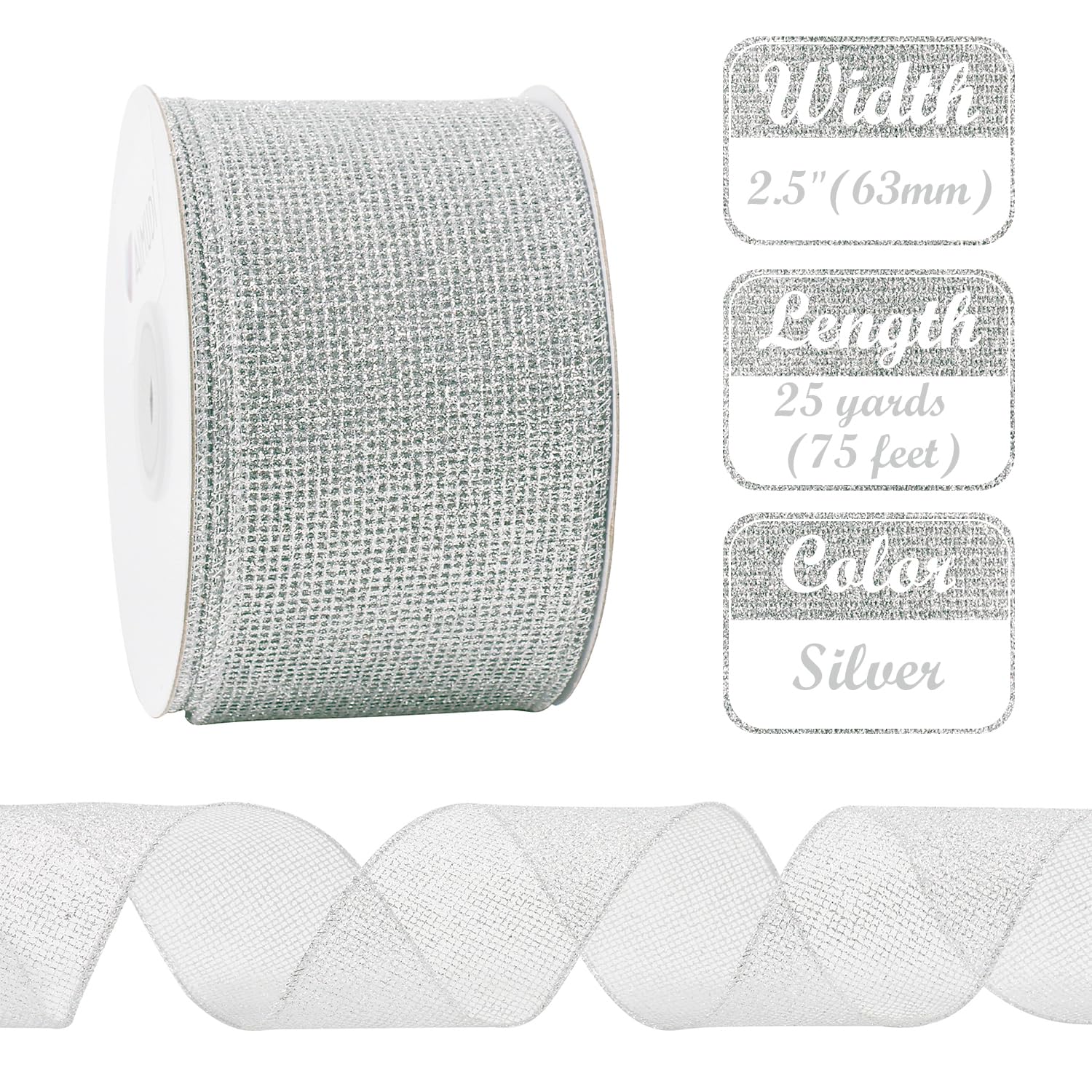 AIMUDI Silver Christmas Ribbon Wired 2.5 Inch Silver Wired Ribbon for Halloween Silver Glitter Mesh Wired Ribbon for Wreaths, Gift Wrapping, Thanksgiving, Holiday Crafts, Topper Bow - 25 Yards