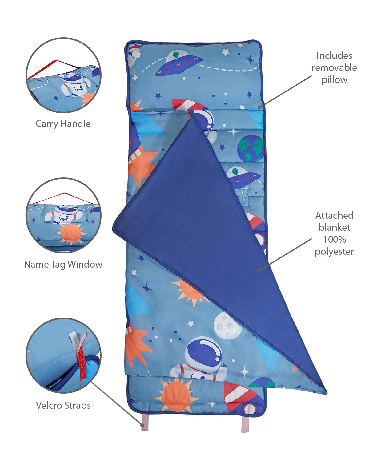 EVERYDAY KIDS Nap Mat w/Removable Pillow -Outer Space Adventures- Carry Handle with Straps Closure, Rollup Design, Soft Microfiber for Preschool, Daycare, Travel Sleeping Bag - Ages 3-6 Years