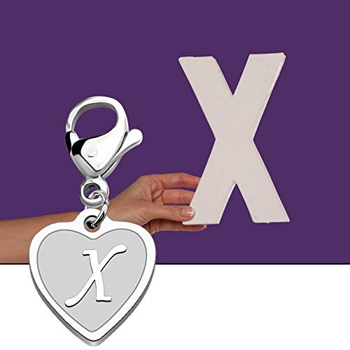 FAADBUK Initial Letter A-Z Alphabet Heart Charm for Bracelet Keychain Necklace Initial Stainless steel Clasp Clip on Charm (intial X)