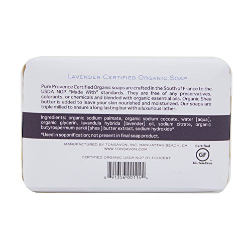 Pure Provence Natural and Organic Triple Milled French Lavender Soap | Organic Shea Butter | Luxury Full-Size Bars | 100% Vegetable Based | Relaxing | 5.3 oz (150g) Soaps (3 Bars)