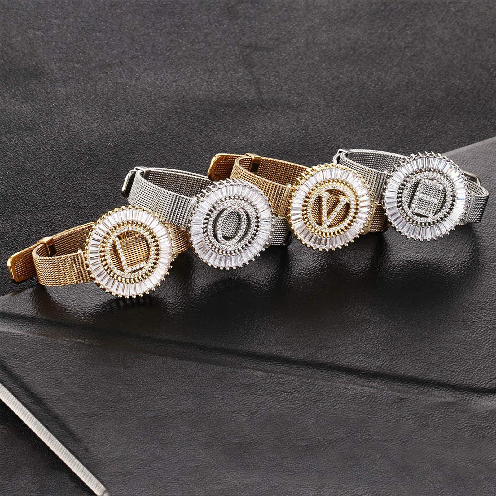 COTTVOTT Women Charms Initial 26 Letters Alphabet Bracelet Bangle Stainless Steel Mesh Belt Buckle Bracelets (Bracelet C-Silver Color)