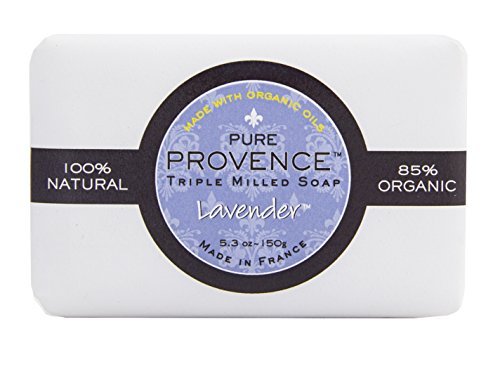 Pure Provence Natural and Organic Triple Milled French Lavender Soap | Organic Shea Butter | Luxury Full-Size Bars | 100% Vegetable Based | Relaxing | 5.3 oz (150g) Soaps (3 Bars)