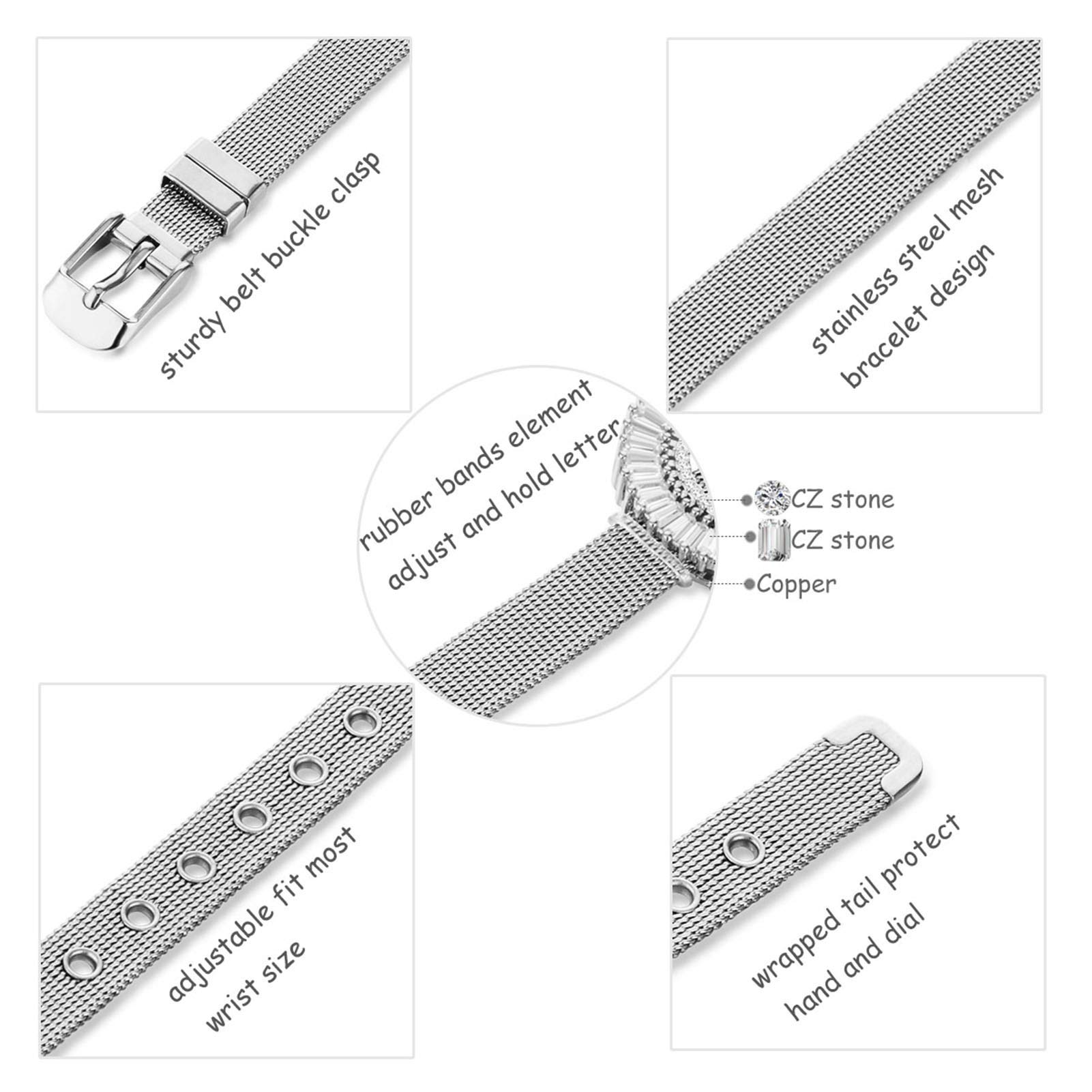 COTTVOTT Women Charms Initial 26 Letters Alphabet Bracelet Bangle Stainless Steel Mesh Belt Buckle Bracelets (Bracelet C-Silver Color)