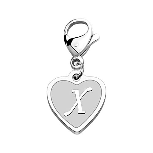 FAADBUK Initial Letter A-Z Alphabet Heart Charm for Bracelet Keychain Necklace Initial Stainless steel Clasp Clip on Charm (intial X)