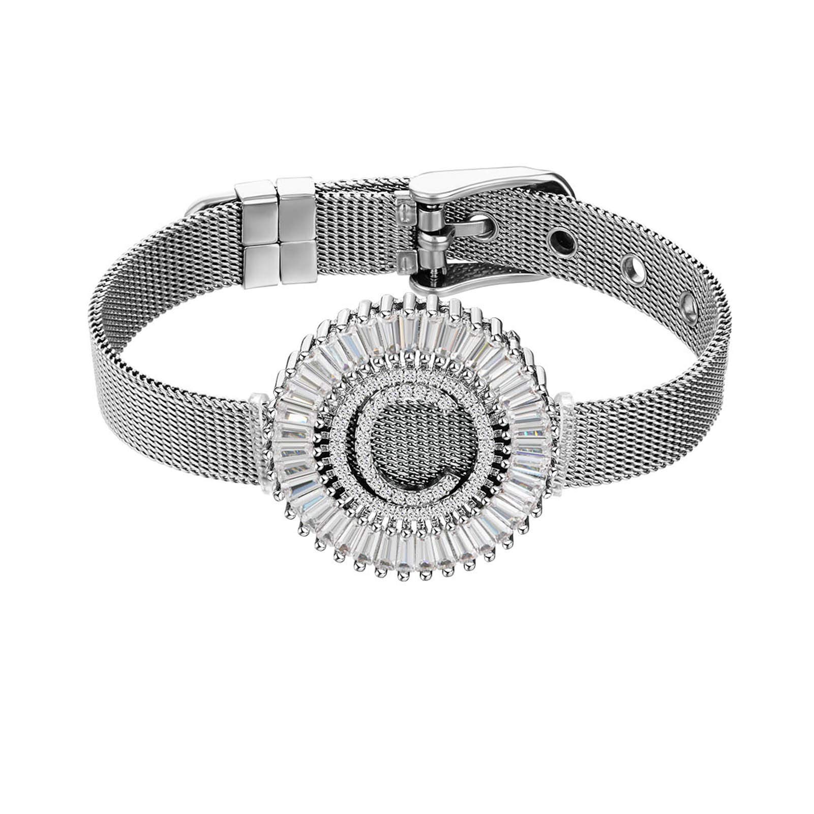 COTTVOTT Women Charms Initial 26 Letters Alphabet Bracelet Bangle Stainless Steel Mesh Belt Buckle Bracelets (Bracelet C-Silver Color)