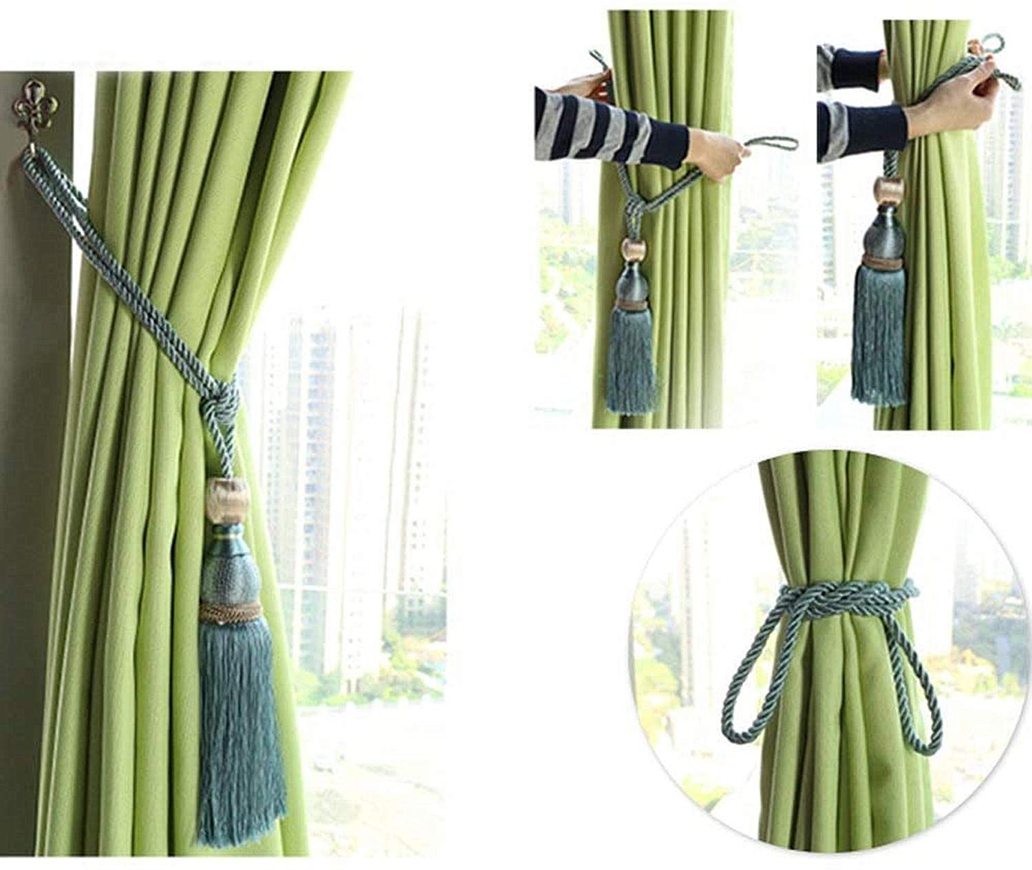 Selling Wonderful Curtain Holdbacks Curtains Tiebacks Home Decorative Braided Buckle Fastener Accessories Window Drapery Ball Tassels Tiebacks, Set of 2(Light Blue)