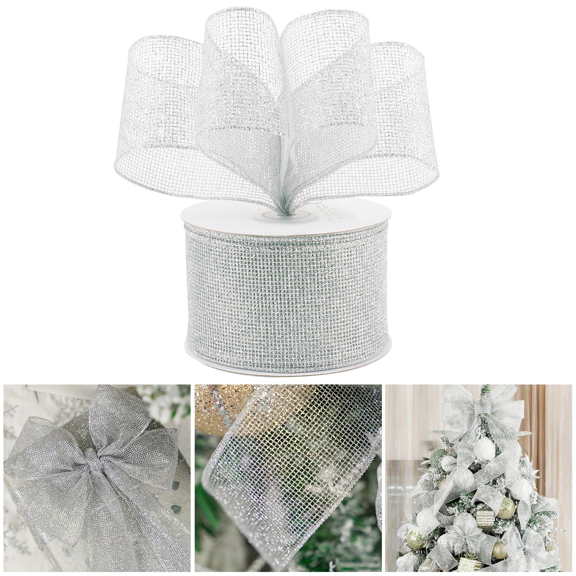 AIMUDI Silver Christmas Ribbon Wired 2.5 Inch Silver Wired Ribbon for Halloween Silver Glitter Mesh Wired Ribbon for Wreaths, Gift Wrapping, Thanksgiving, Holiday Crafts, Topper Bow - 25 Yards