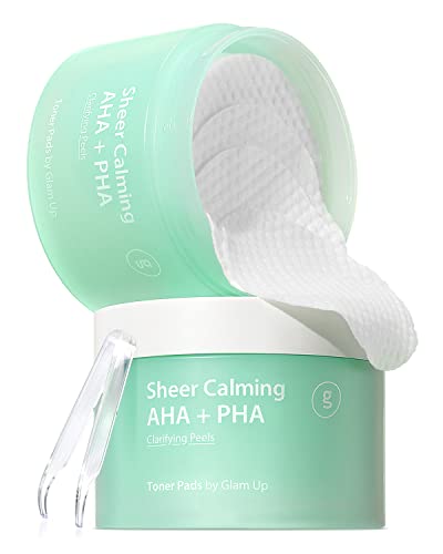 Glam Up AHA+PHA Exfoliating Facial Toner Pads for Sensitive Skin | Sheer Calming Vegan Korean Skincare Toner Pads for Acne Prone Skin and Pore Cleansing (65 Pads)