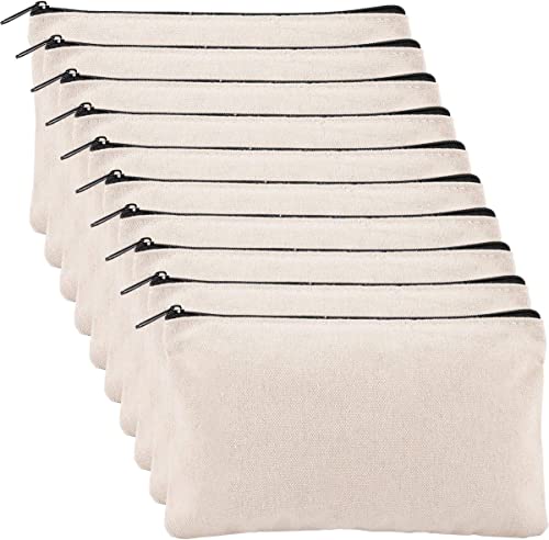 10 Pack Blank DIY Craft Bag Canvas Pen Pencil Case- Cotton Canvas for School Supplies Invoice Bill Bag Makeup Bag Cosmetic Bag Multipurpose Travel Toiletry Pouch with Black Zipper 7.9 x 4.7 inches