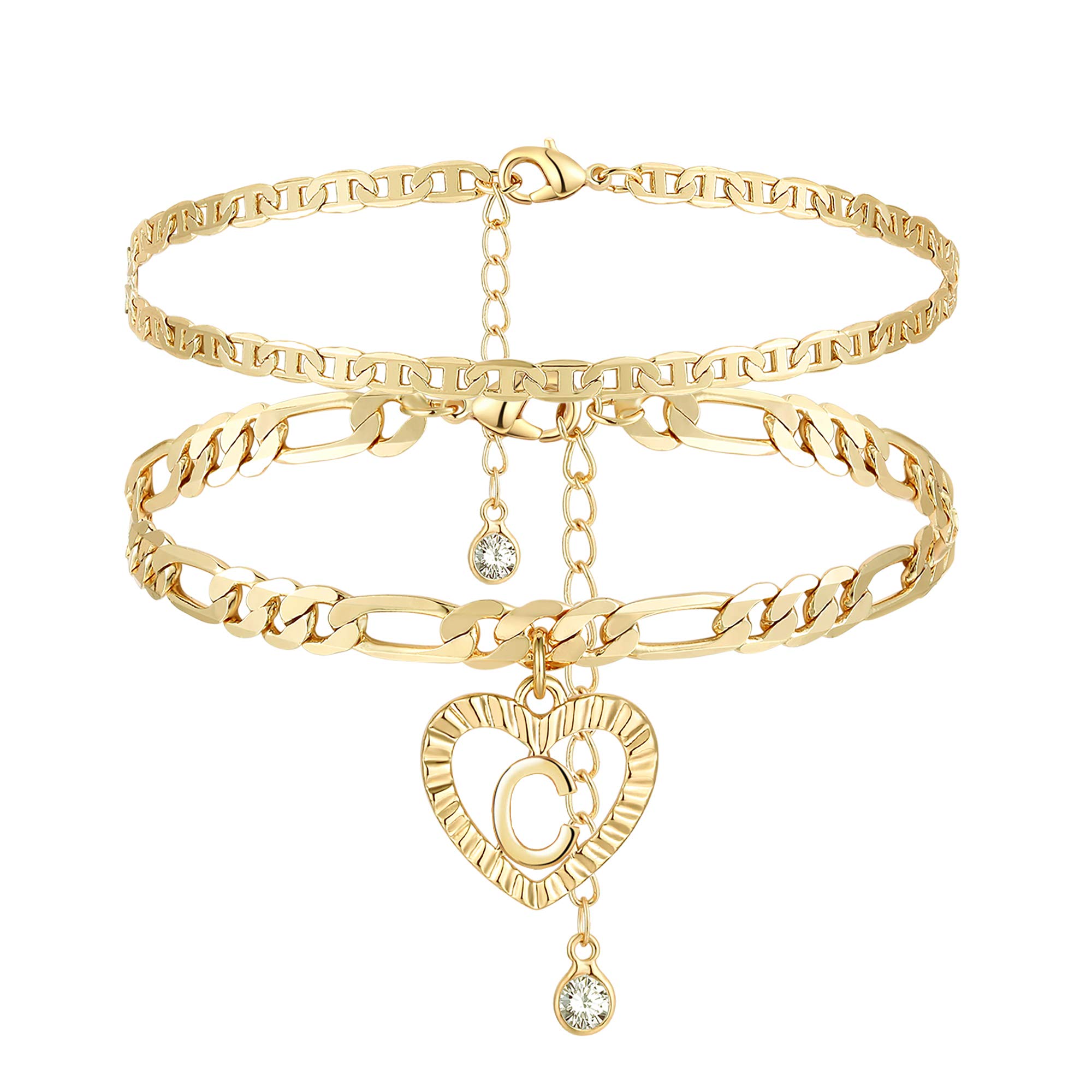 YANODA Initial Ankle Bracelets for Women 14K Gold Plated Layered Figaro Chain Letter Initial Anklets Handmade Layered Heart Ankle Bracelets Personalized Jewelry for Women C